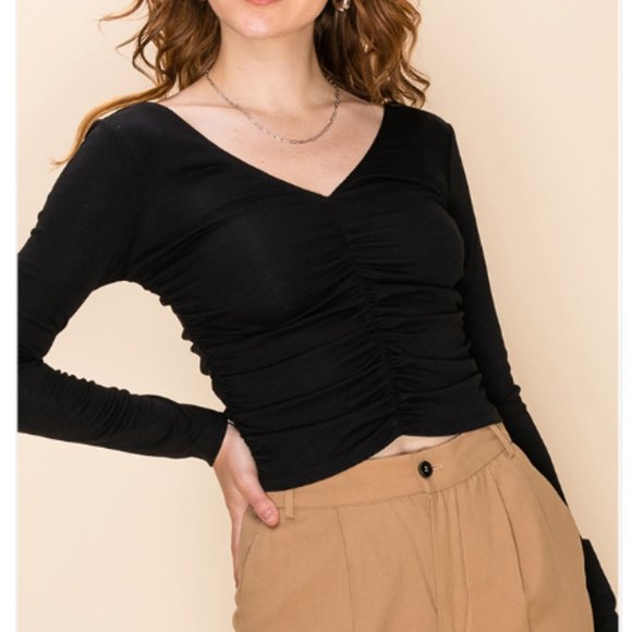 Tops | Black Ruched Long Sleeve Crop Top | Poshmark